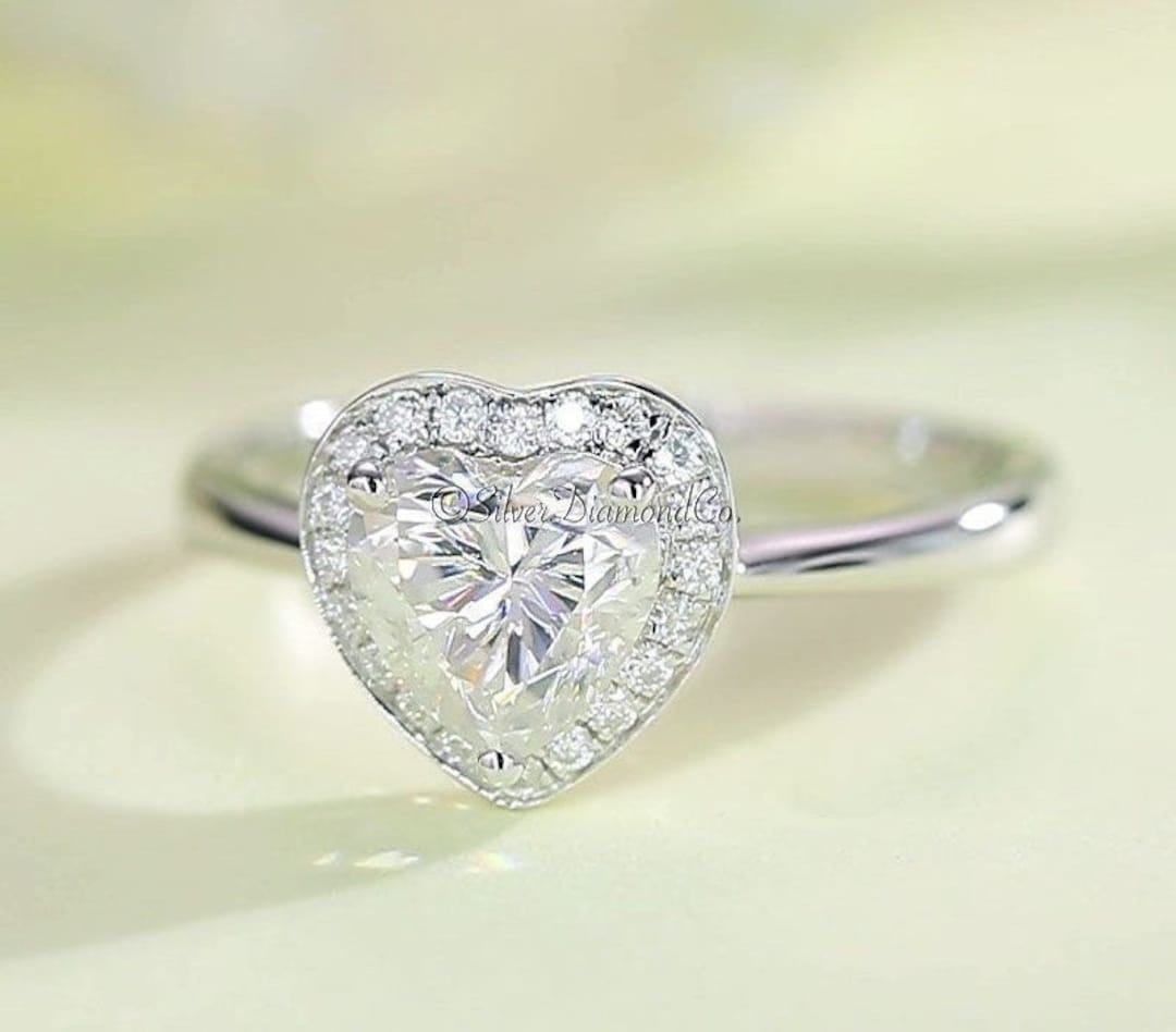 Moissanite Heart Halo Engagement Ring - Etsy