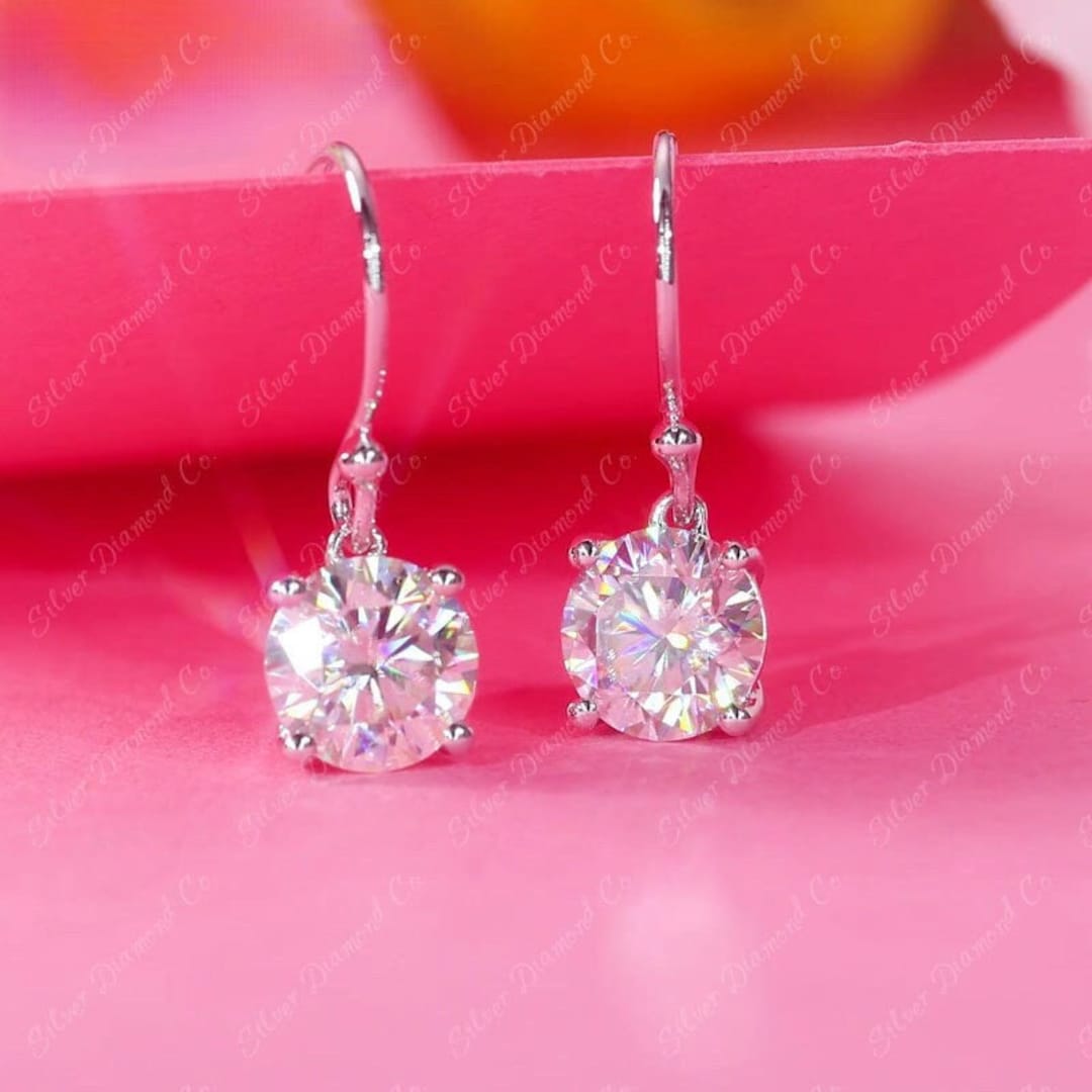 2 Ctw Round Moissanite Dangle Earrings, Moissanite Earrings, Moissanite ...