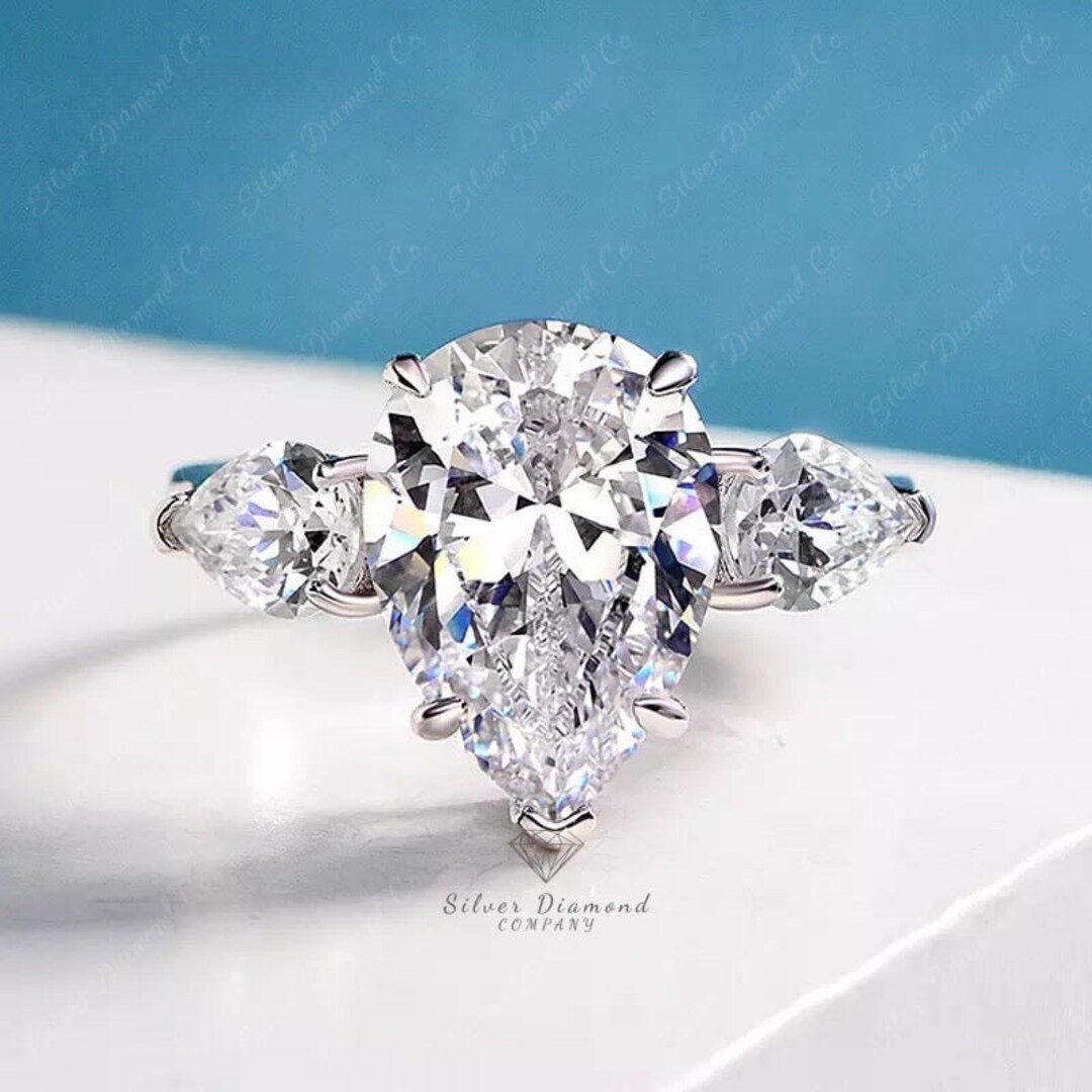 4 Carat Three Stone Pear Engagement Ring - Etsy