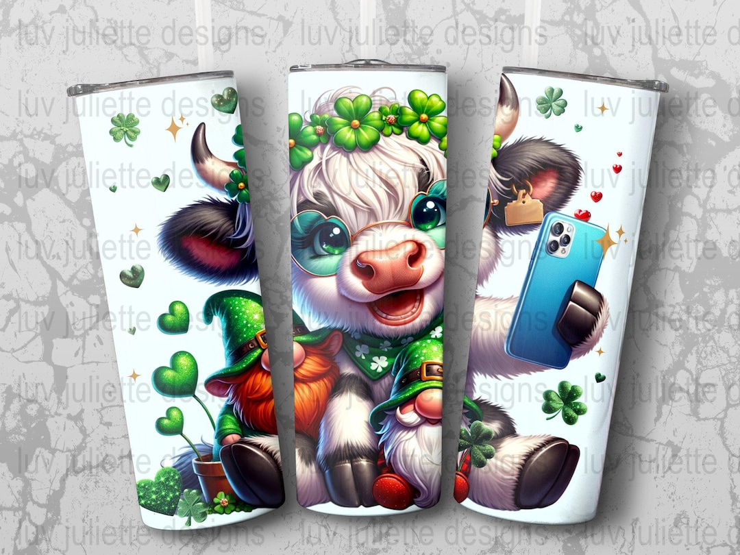 Shamrock Cow Tumbler Wrap: Highland Cow Selfie With Gnomes (PNG) - Etsy