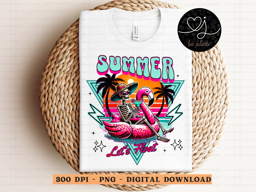 Summer Skeleton Flamingo Float PNG: Retro Sunset Design (digital ...