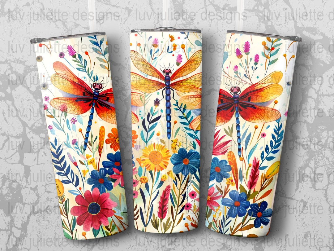 Dragonflies Wildflowers Tumbler Wrap, Seamless Pattern, Dragonflies ...