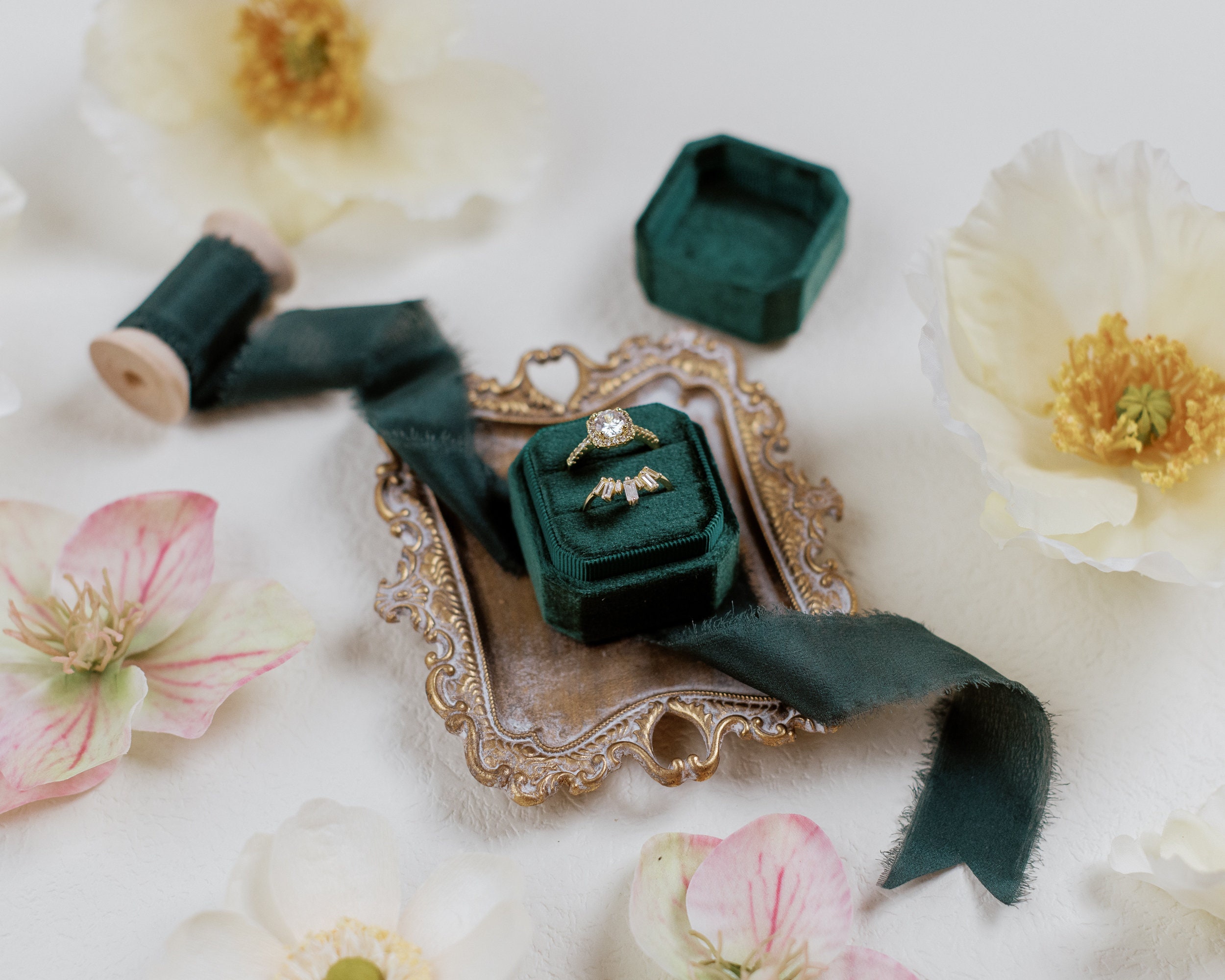 Green Radiant Velvet Ring Box Double or Triple Slot Flat Lay - Etsy