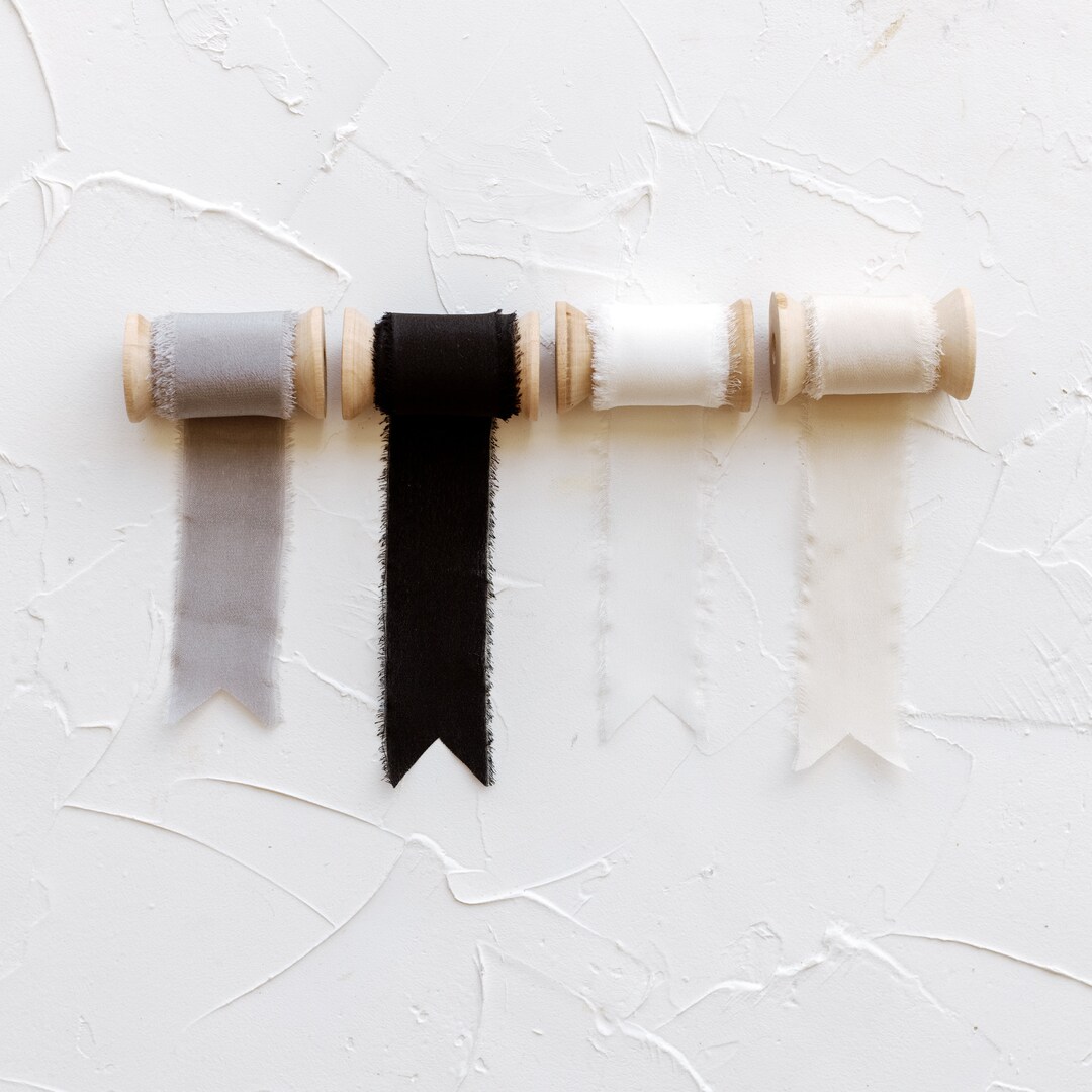Set of 4 Nuetral Hues Frayed Edge Silk Ribbon With Wooden Spool Flat ...