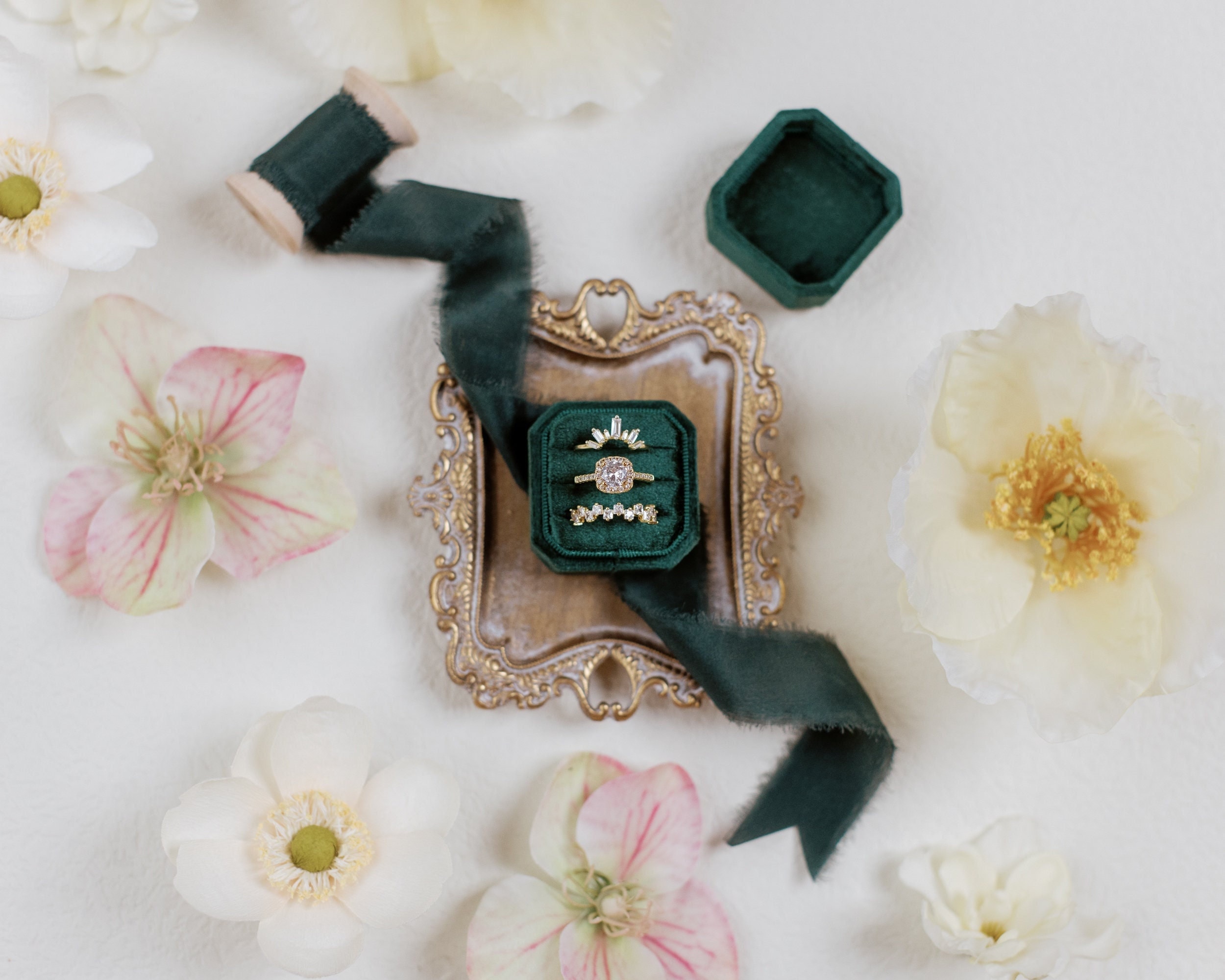 Green Radiant Velvet Ring Box, 3 Triple Slot, Flat Lay Styling Prop ...