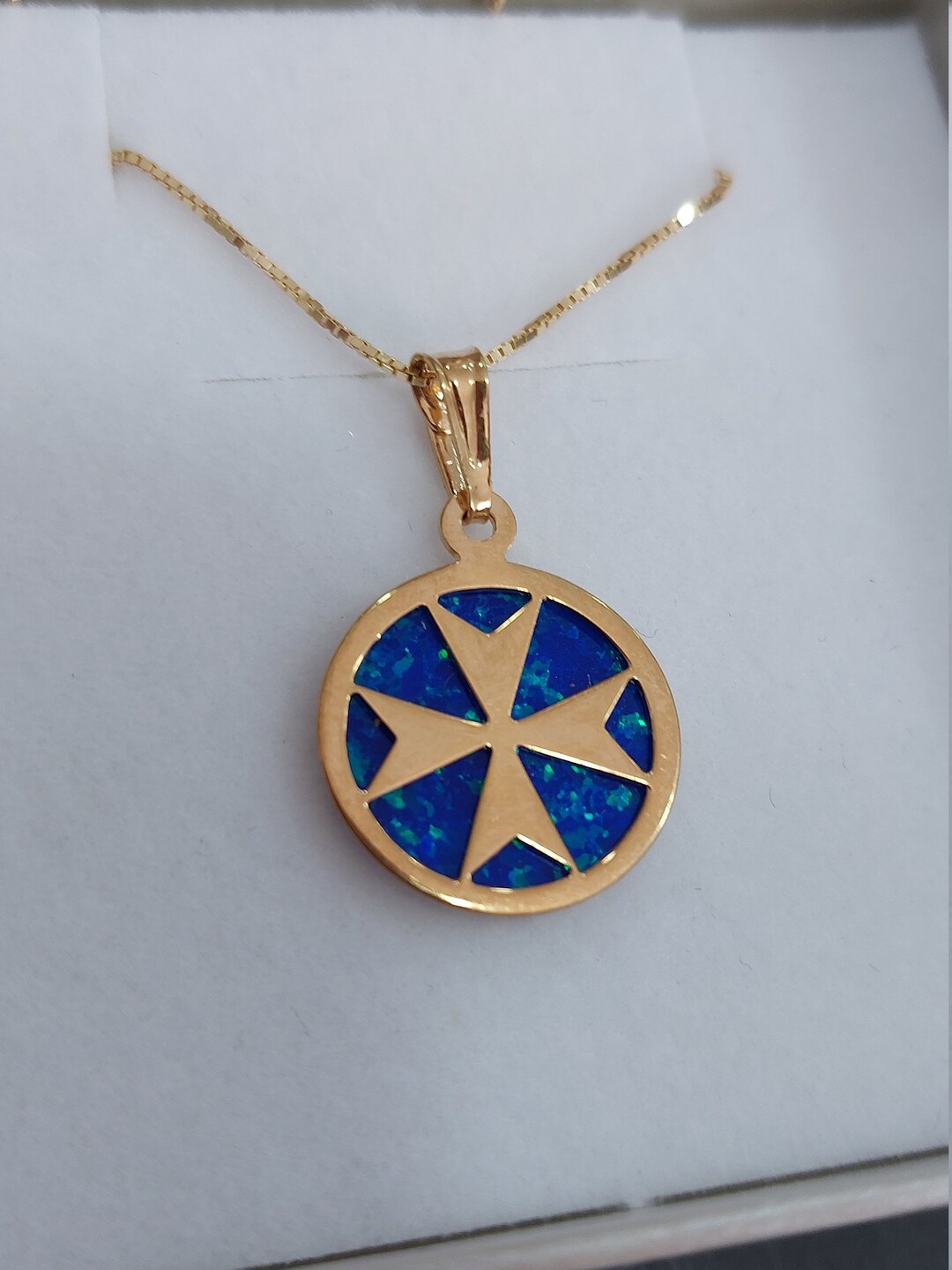 Gold Plated Chain 45cm and Malta Maltese Cross Blue Opal Pendant ...