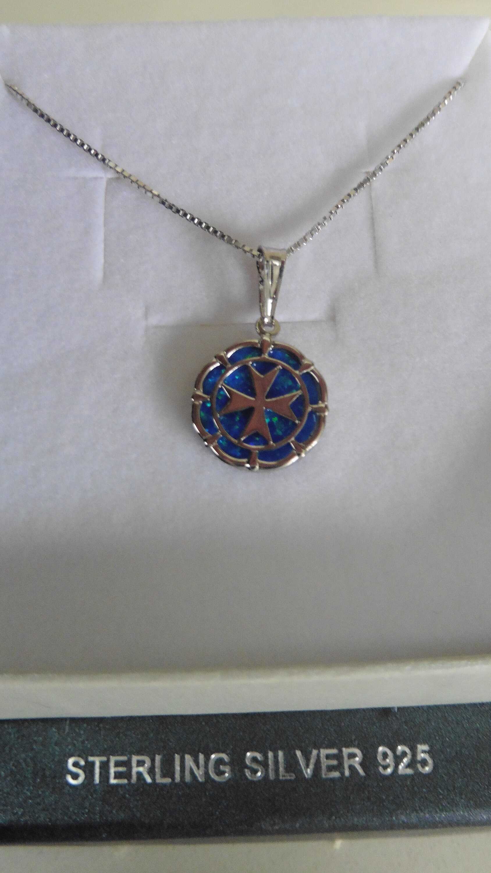 Silver 925 Chain 45cm and Malta Maltese Cross Blue Opal Pendant ...