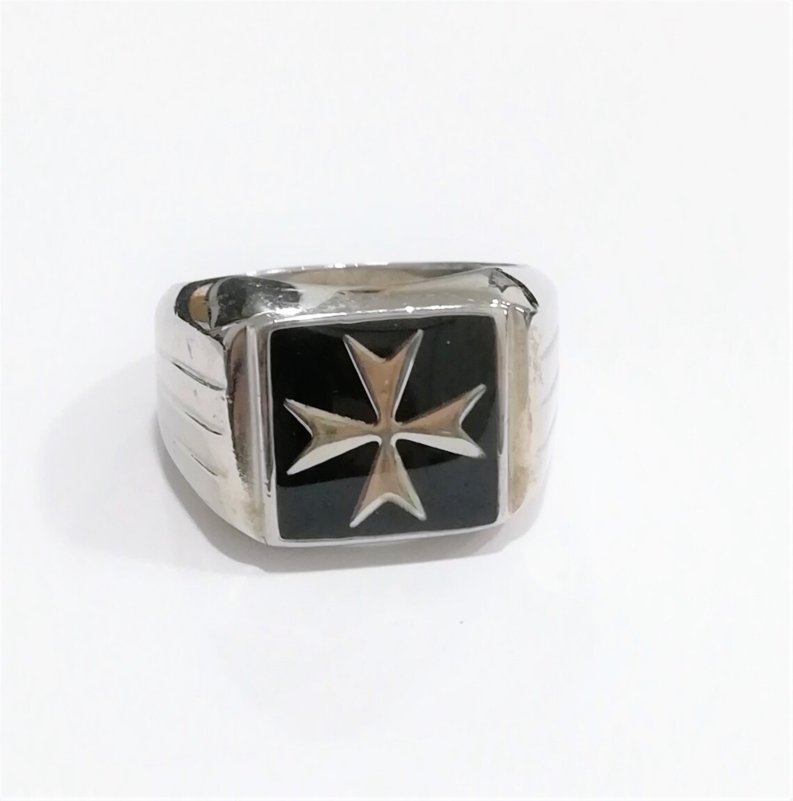 Sterling Silver Square Solid Signet Ring Maltese Cross Malta Black or ...
