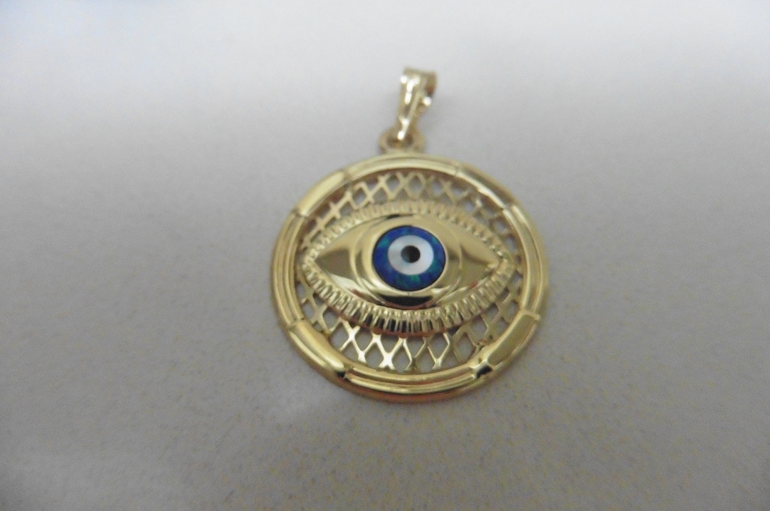 New 18kt Yellow Gold Eye Round Evil Blue Eye Superstition Malta Pendant ...