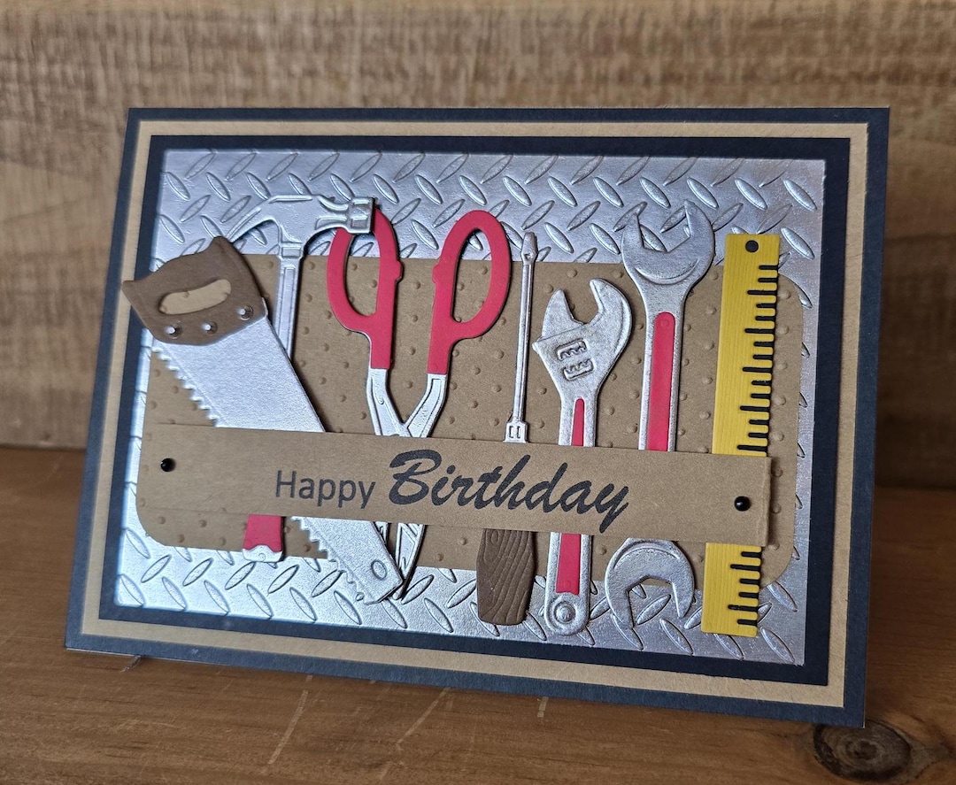 Handmade Tools Happy Birthday Card: Kraft Paper, Embossed Silver - Etsy
