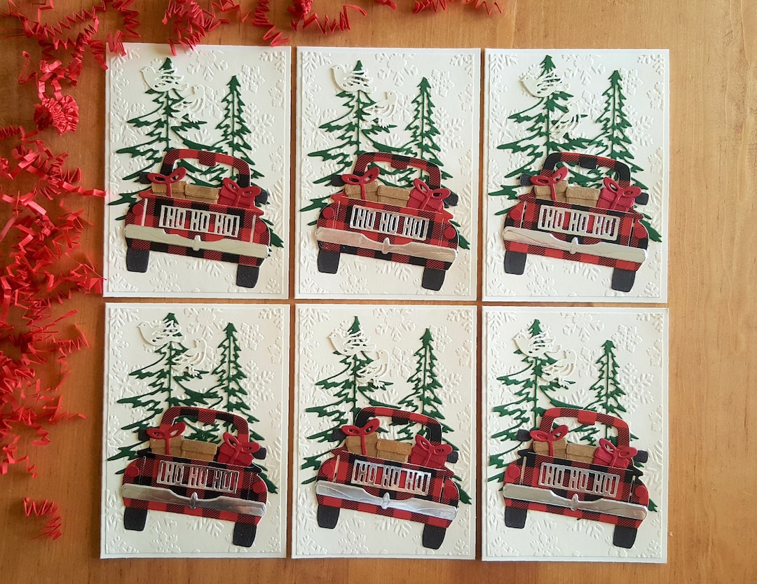 Pickup Truck Handmade Christmas Card, Plaid Truck With Gifts in Forest ...
