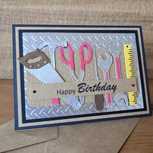 Handmade Tools Happy Birthday Card: Kraft Paper, Embossed Silver - Etsy