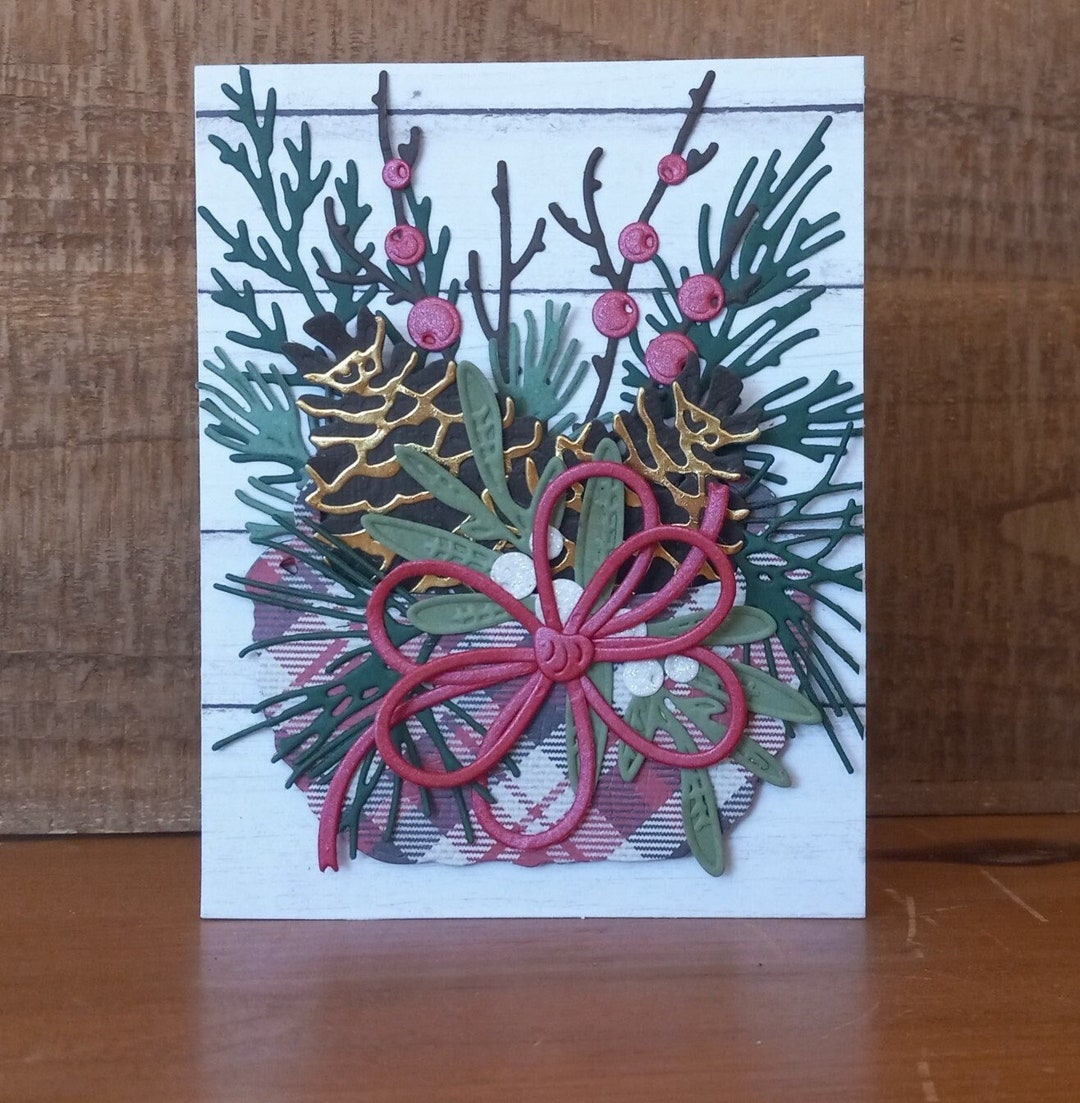 Handmade Christmas Card: Plaid Basket, Pinecones & Red Bow - Etsy