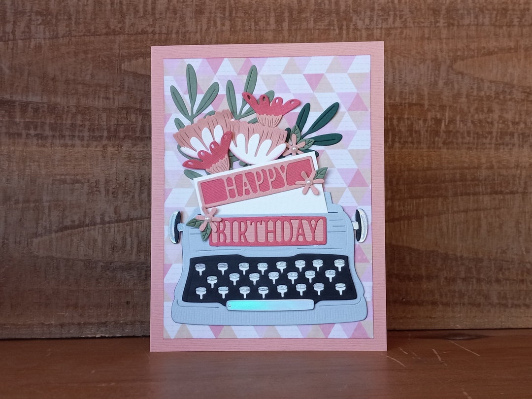 Pretty Happy Birthday Typewriter Handmade Greeting Card With Flowers ...