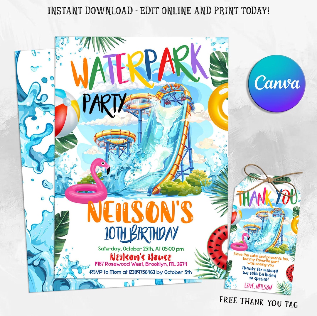 Water Park Birthday Invitation, Water Slide Birthday Party Invitation ...