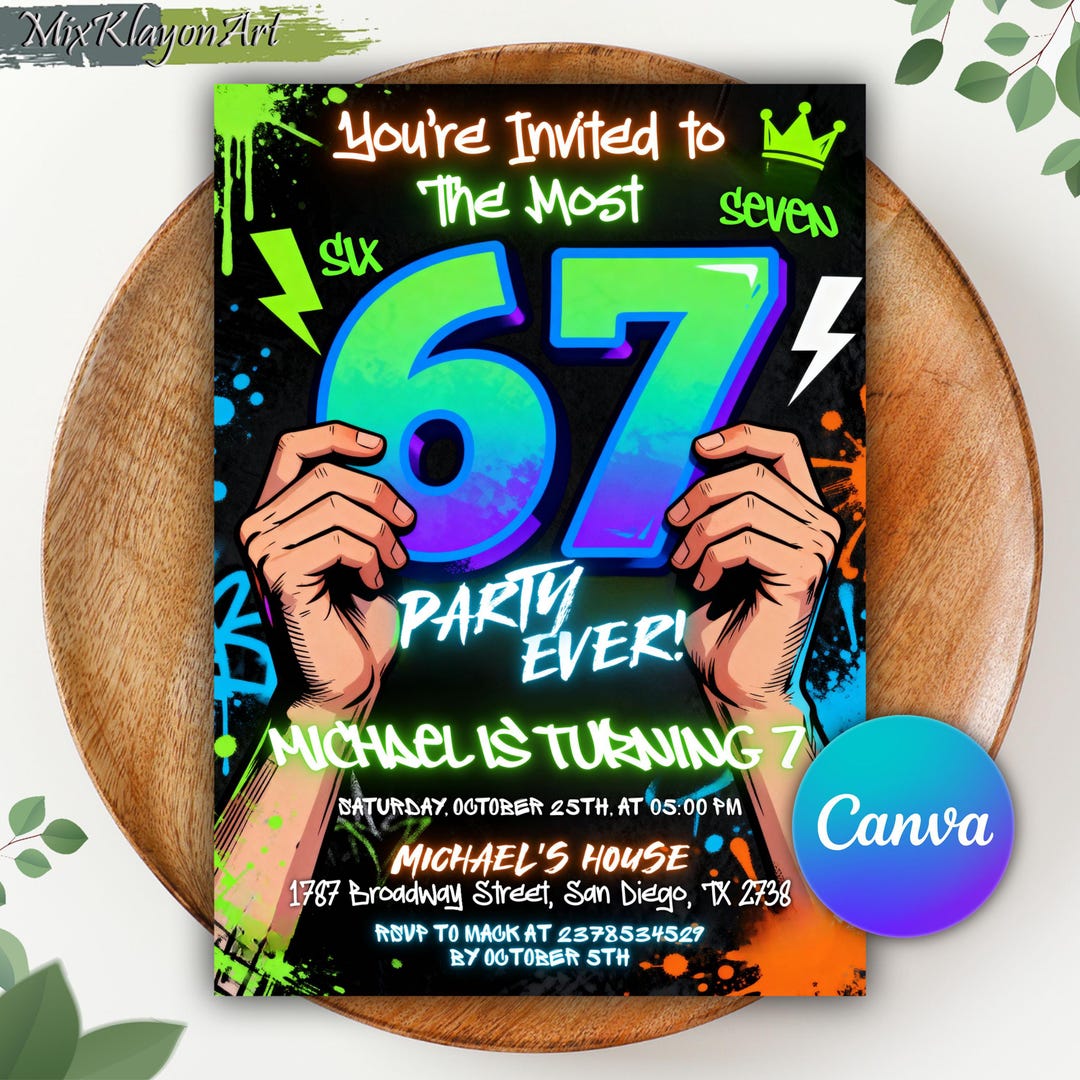 Six Seven Birthday Invitation, 67 Brainrot Meme Party, Gen Alpha Slang ...