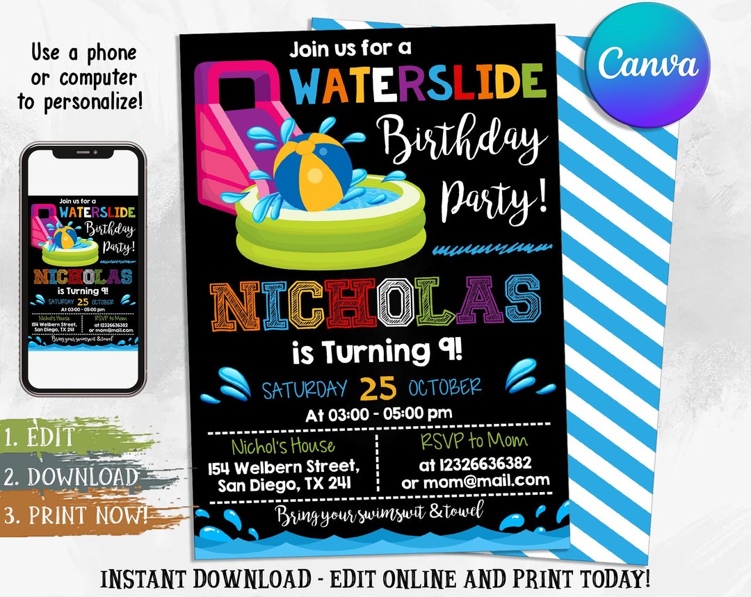 Waterslide Birthday Party Invitation, Water Slide Birthday, Waterslide ...
