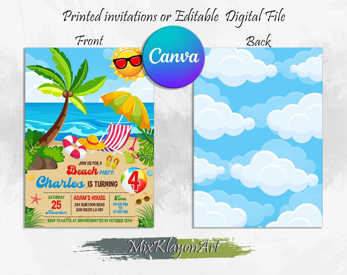Editable Beach Invitation, Beach Birthday Party Invitation, Ocean ...