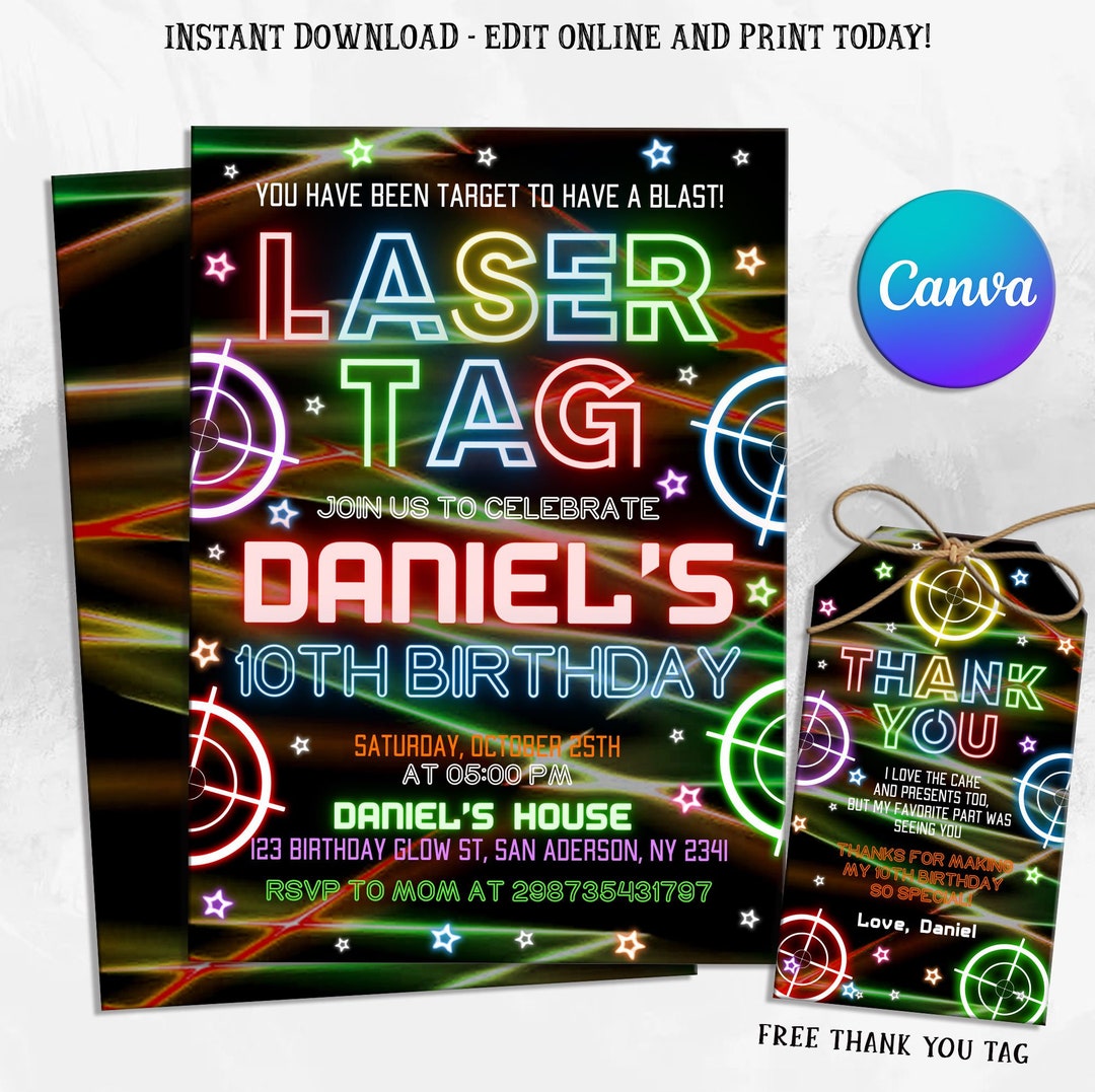 Editable Laser Tag Party Invitation, Neon Birthday Party Invite, Glow ...