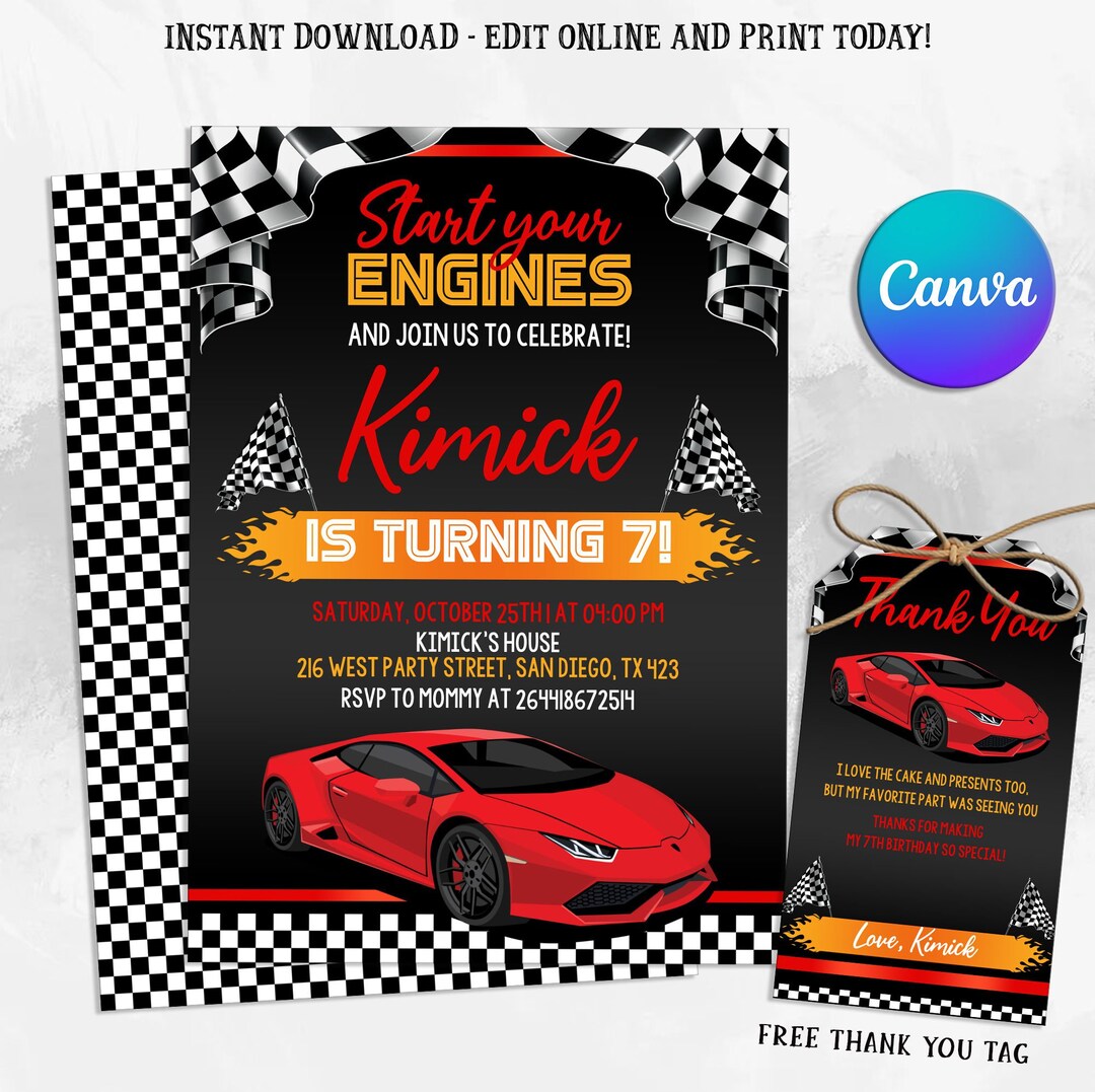 Race Car Birthday Party Invitation + Favor Tag Digital Template, Kids ...