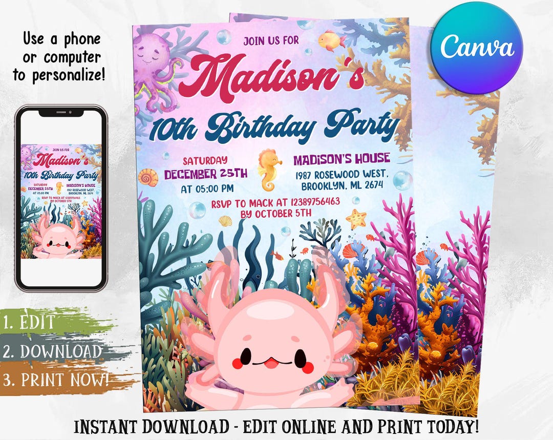 Axolotl Birthday Invitation, Cute Axolotl Lake Fish Birthday Party ...