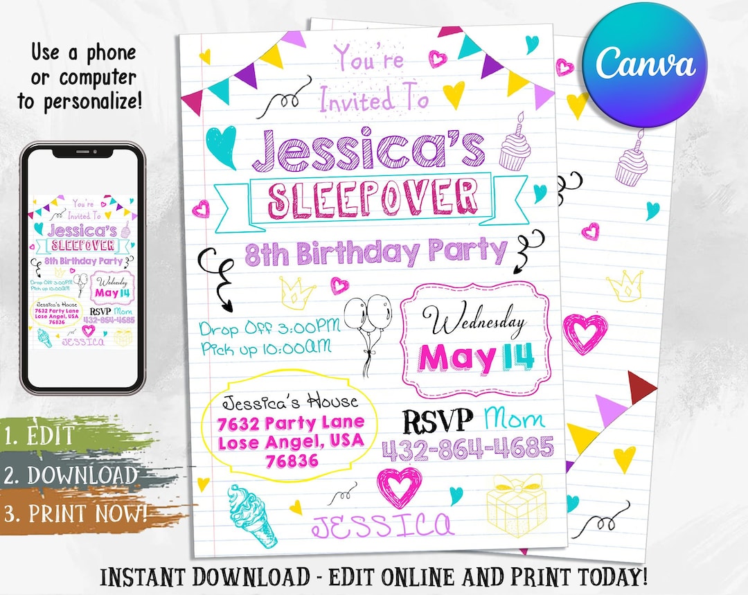 Teen Invitation Sleepover, Tween Birthday Invitation, Notebook Doodle ...