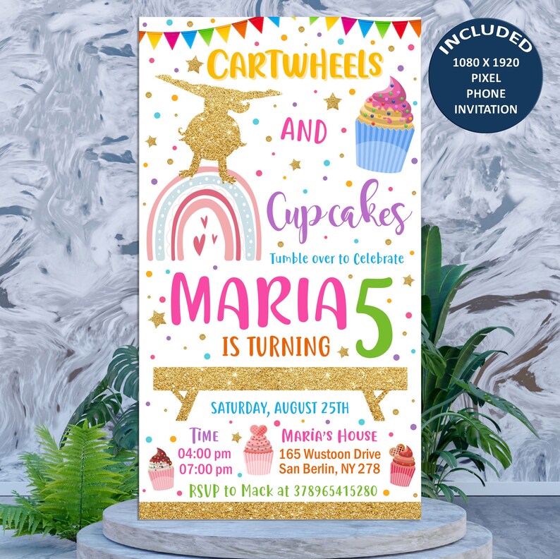 Editable Cartwheels and Cupcakes Birthday Invitation, Gymnastics Party ...