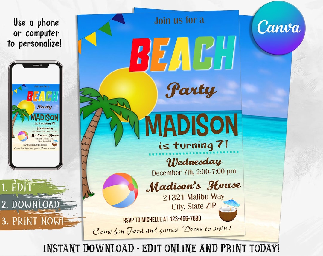 Editable Beach Invitation, Beach Party Invitation, Beach Birthday ...