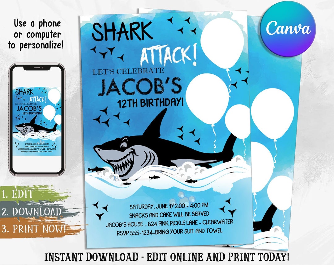 Editable Shark Invitation, Shark Birthday Invitation, Shark Party ...