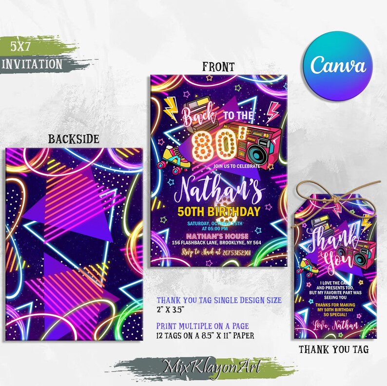 Editable 80s Birthday Party Invitation, Back to the 80s, Throwback Party, Neon Party, Glow Dance ...