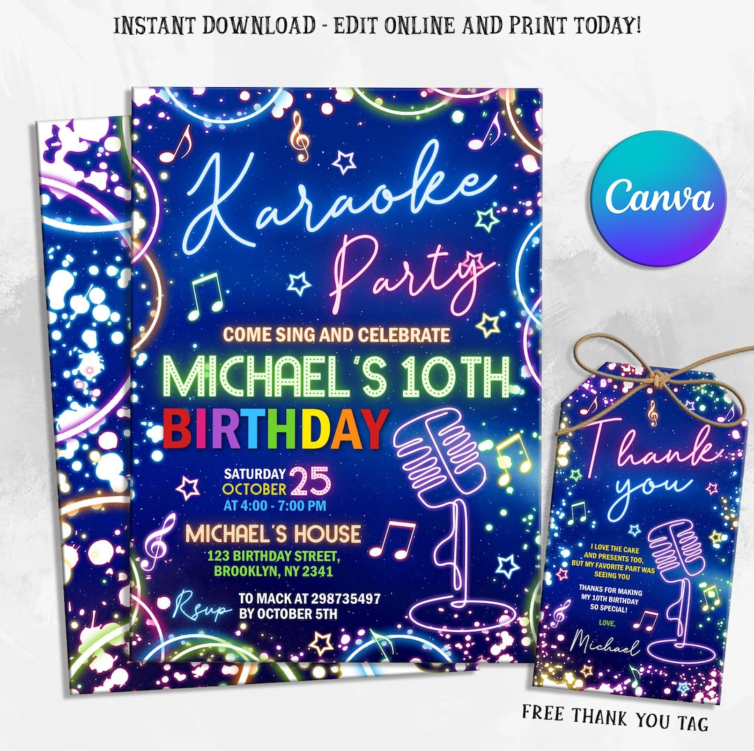 Karaoke Invitation, Karaoke Birthday Party Invitation Template, Music ...