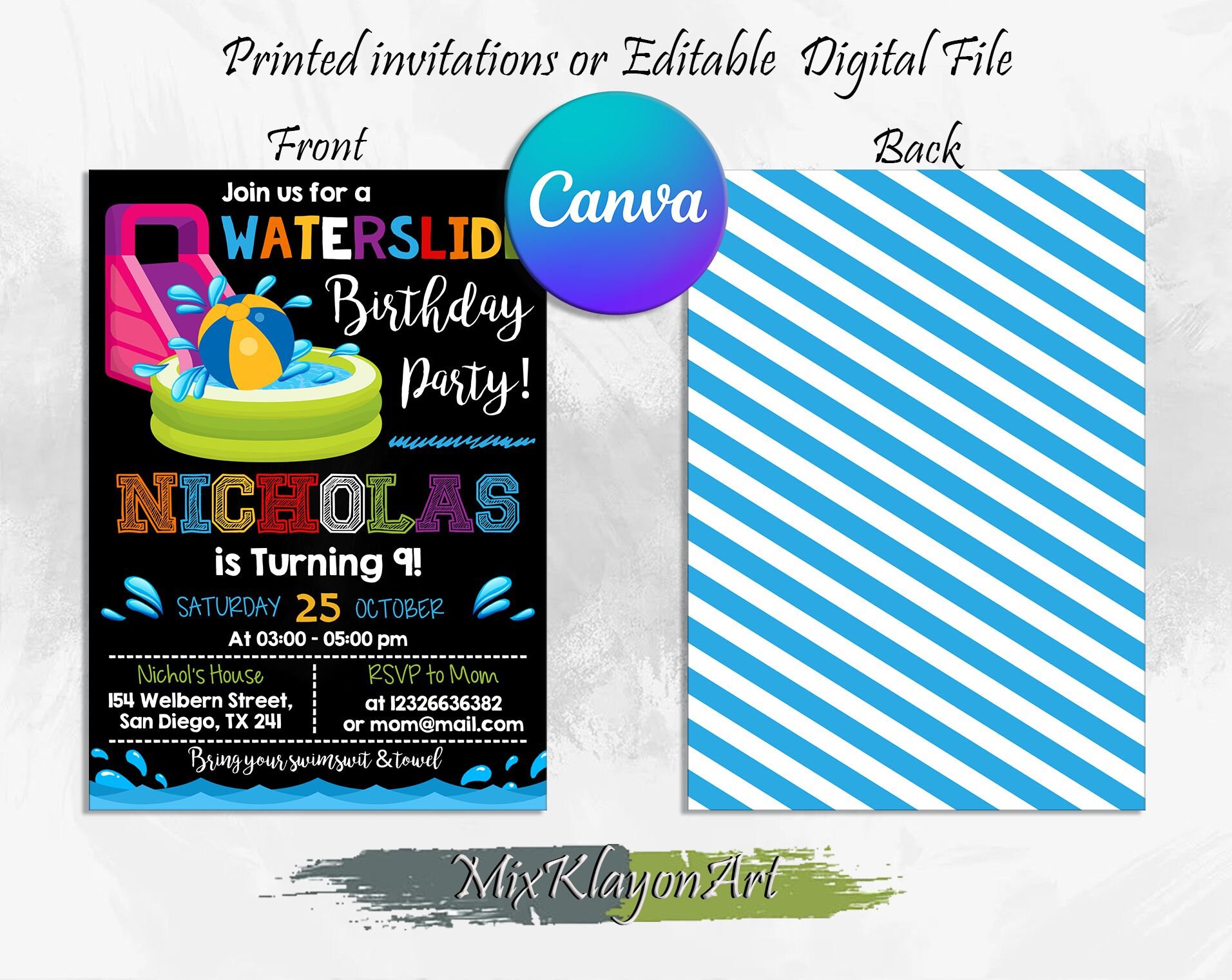 Waterslide Birthday Party Invitation, Water Slide Birthday, Waterslide ...