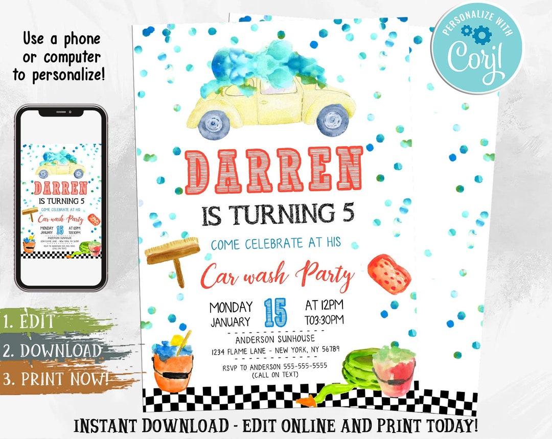 Editable Car Wash Invitation, Carwash Birthday Invitation, Car Wash ...