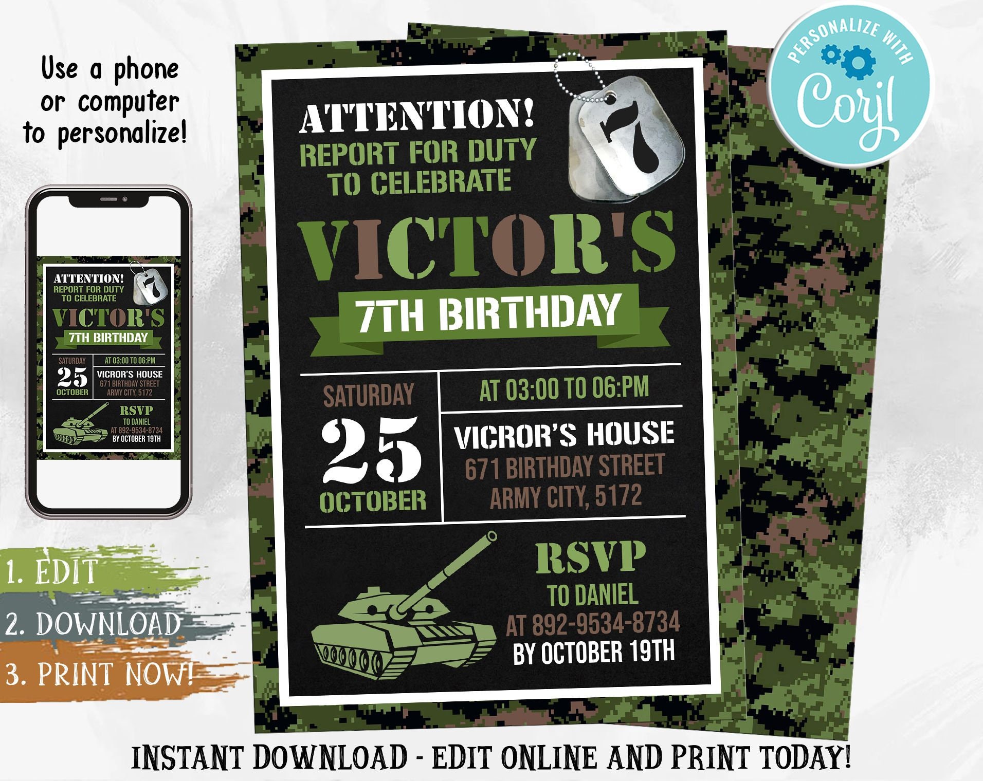 Editable Army Invitation, Army Birthday Invitation, Army Printable ...