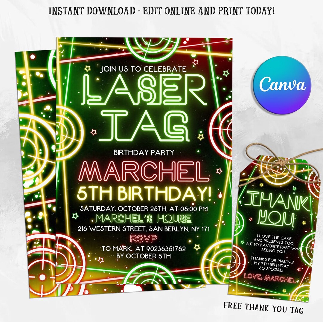 Editable Laser Tag Party Invitation, Neon Birthday Party Invite, Glow ...