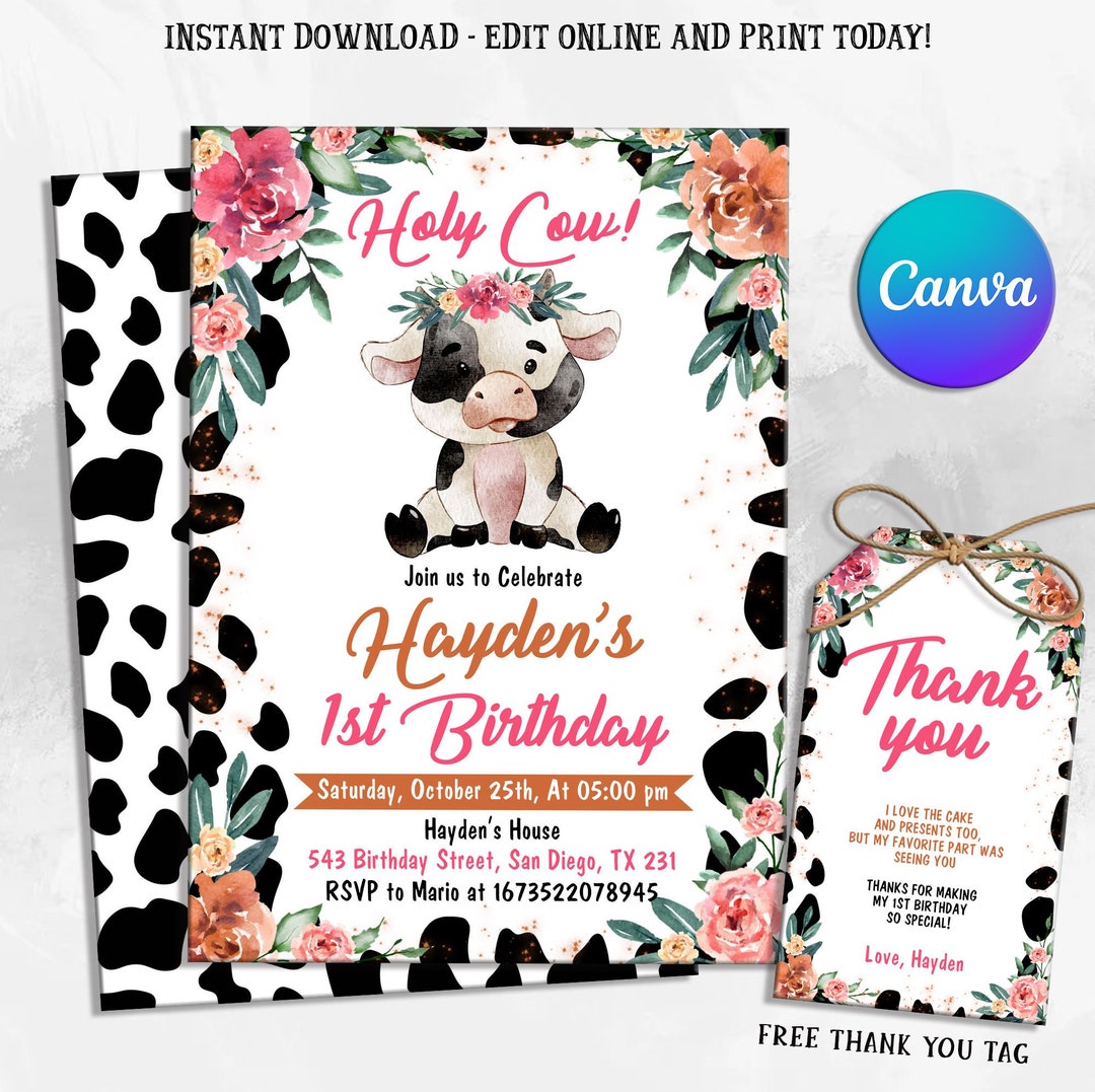 Holy Cow Birthday Invitation, Cow Party Invite Template, Printable Girl ...