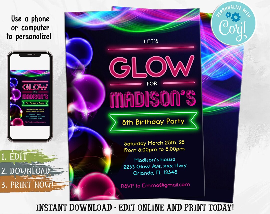 Glow Invittaion, Glow Birthday Party Invitation, Neon Glow Invitation ...