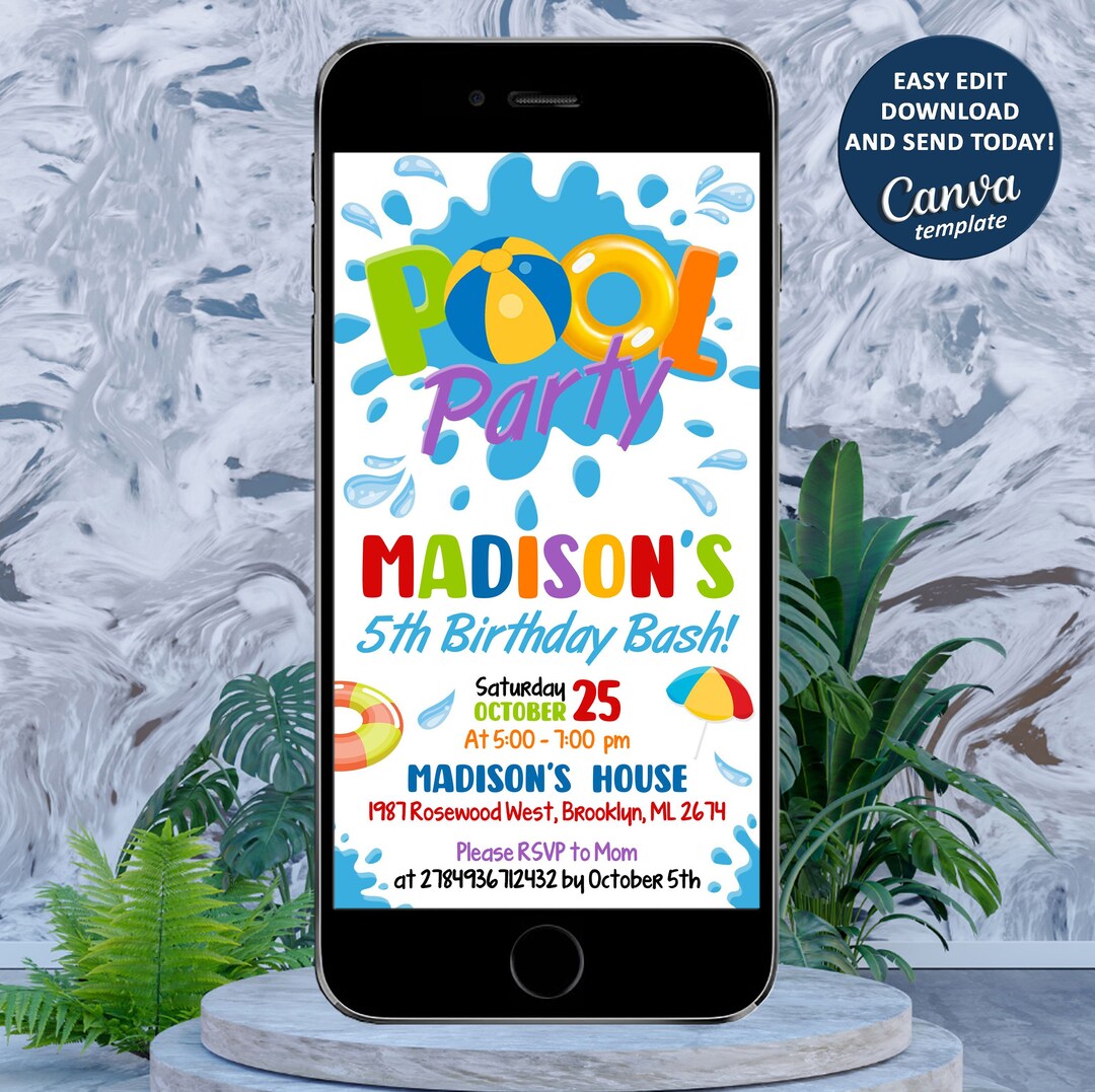 Pool Electronic Invitation, Pool Party Text Invitation, Summer Birthday ...