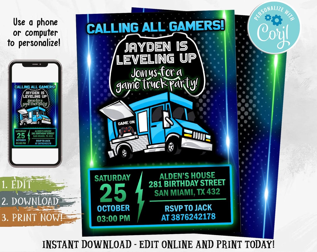 Video Game Truck Birthday Party Invitation, Gaming Birthday Invite ...