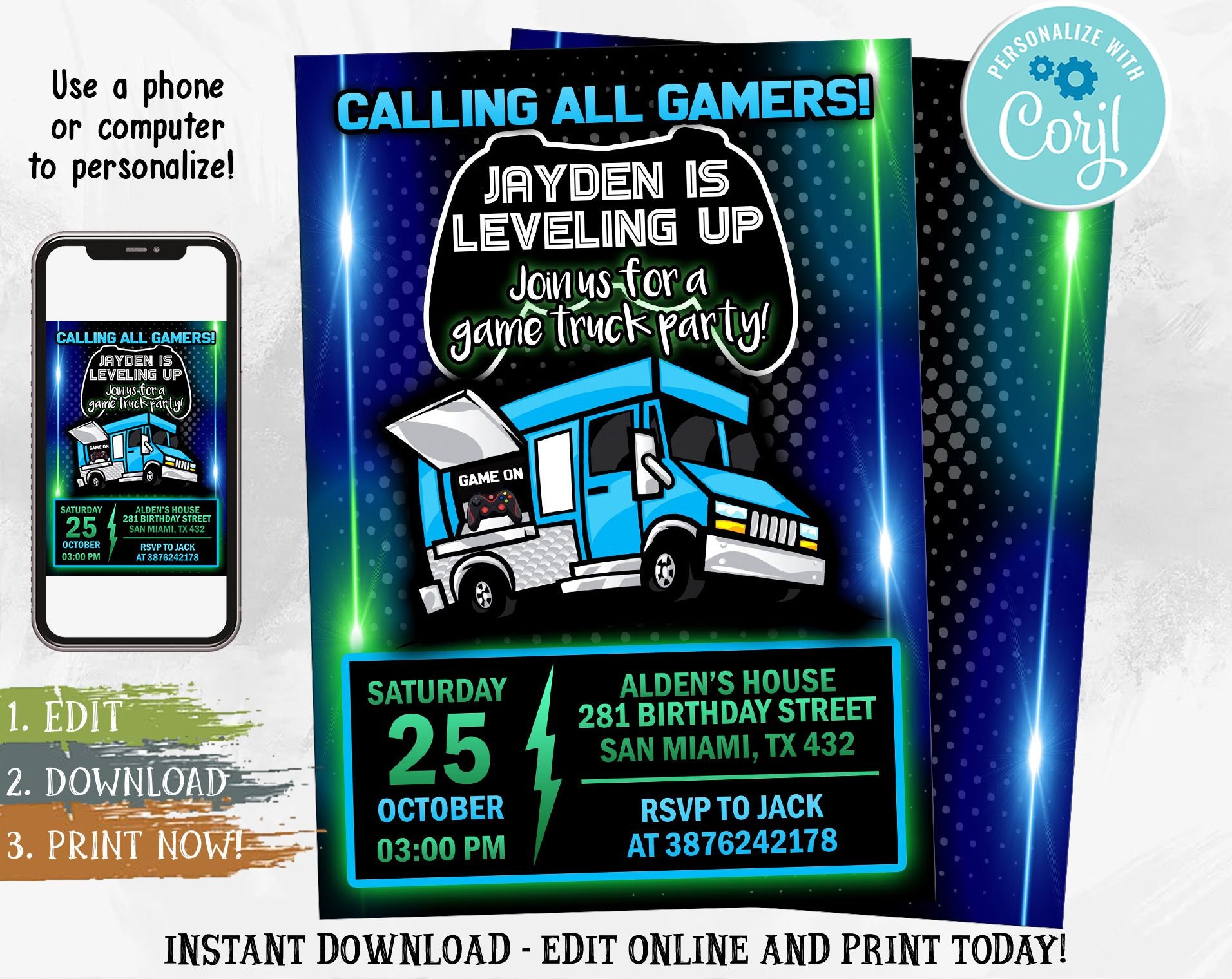 Video Game Truck Birthday Party Invitation, Gaming Birthday Invite ...