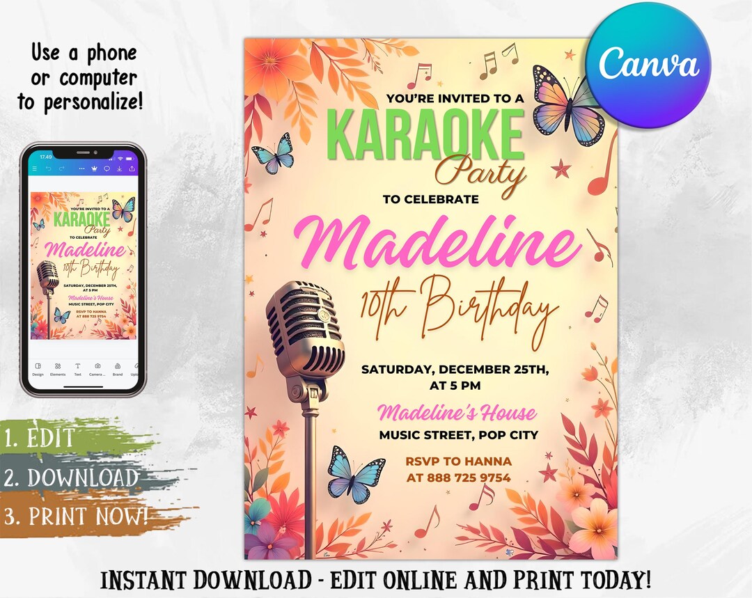 Editable Karaoke Birthday Invitation, Music Birthday Party Invite ...