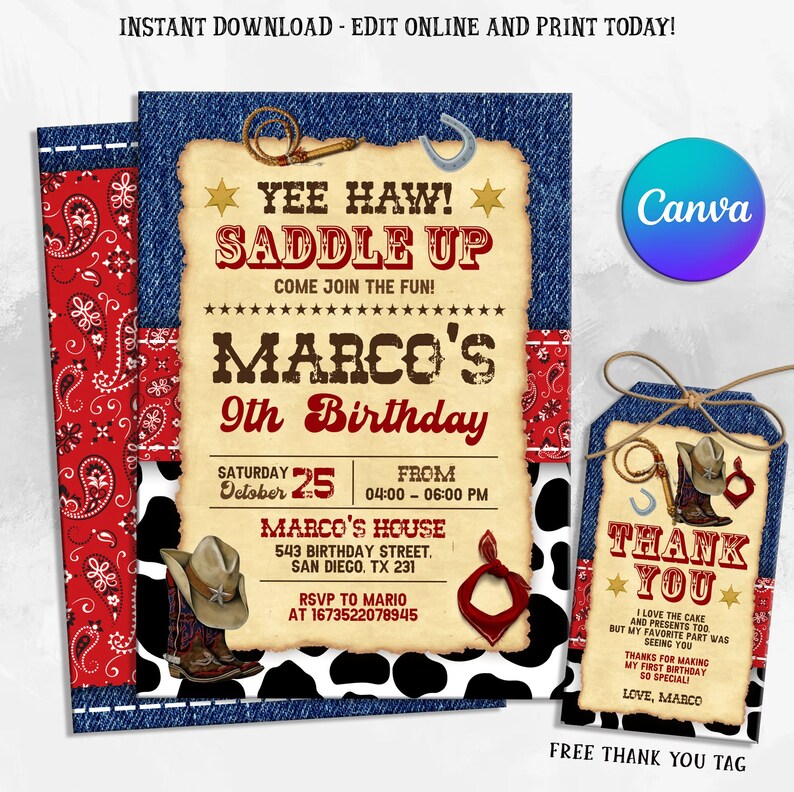 Digital Cowboy Birthday Invitation, Cowboy Birthday Invite, Kid ...