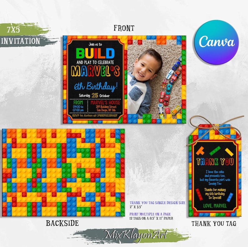 Building Blocks Birthday Party Invitation With Photo, Colorful Bricks ...