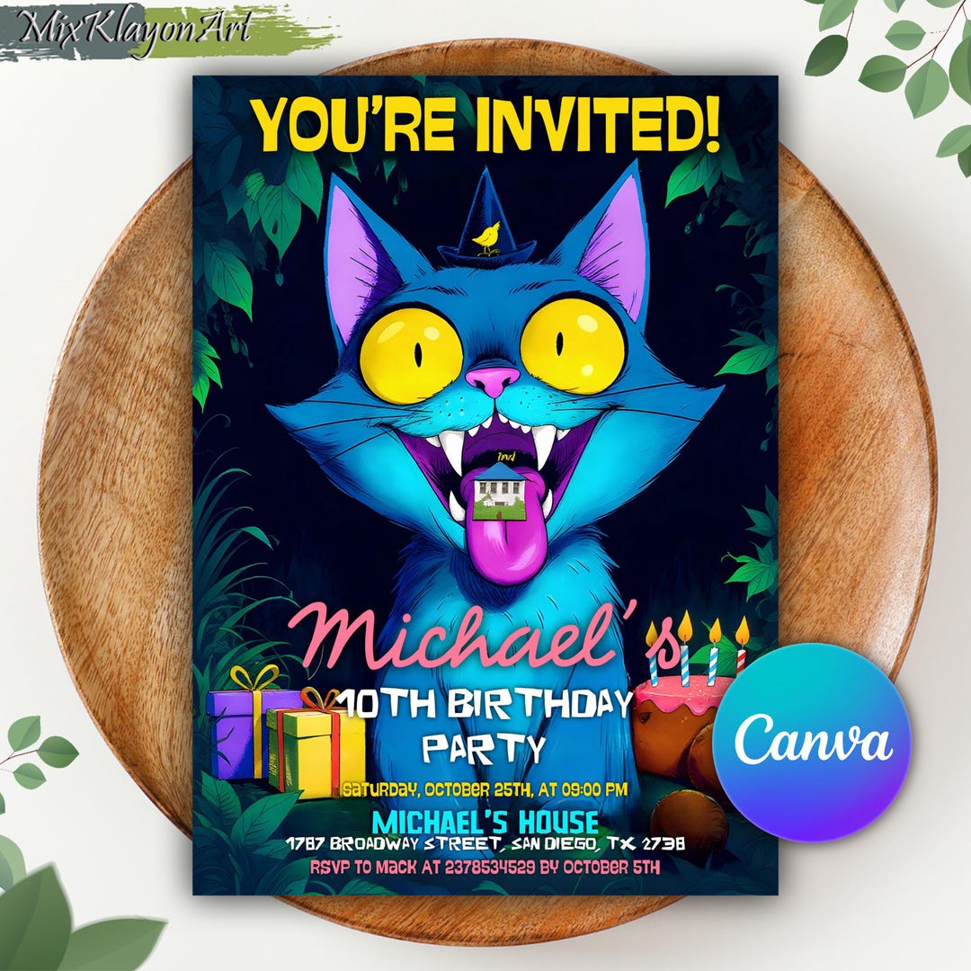 Derpy Blue Witch Cat Birthday Invitation Kpop Demon Hunter Inspired ...
