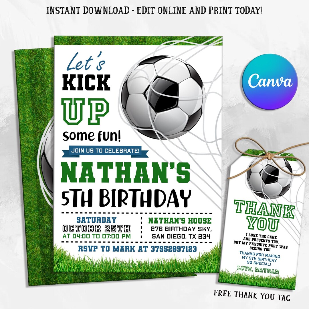 Editable Soccer Birthday Invitation Card Template, Football Invitation ...