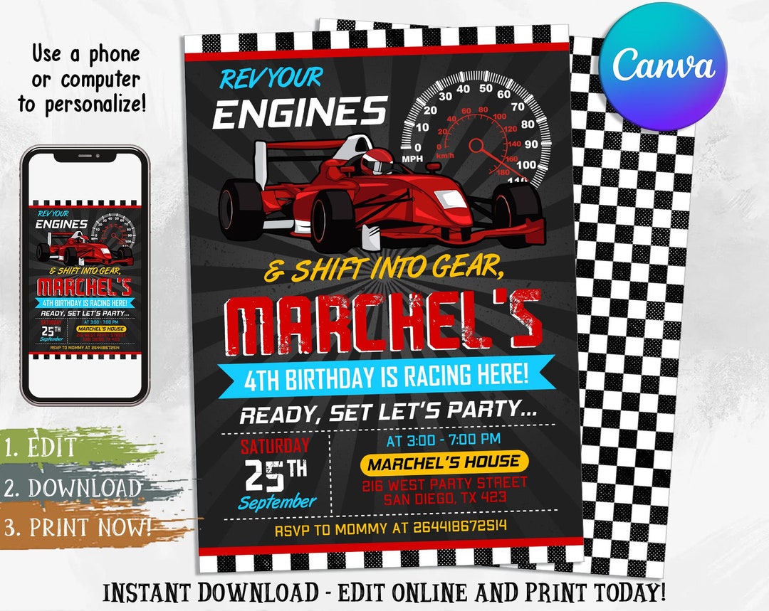 Race Car Invitation, Race Car Birthday Invitation, Racing Car Birthday ...