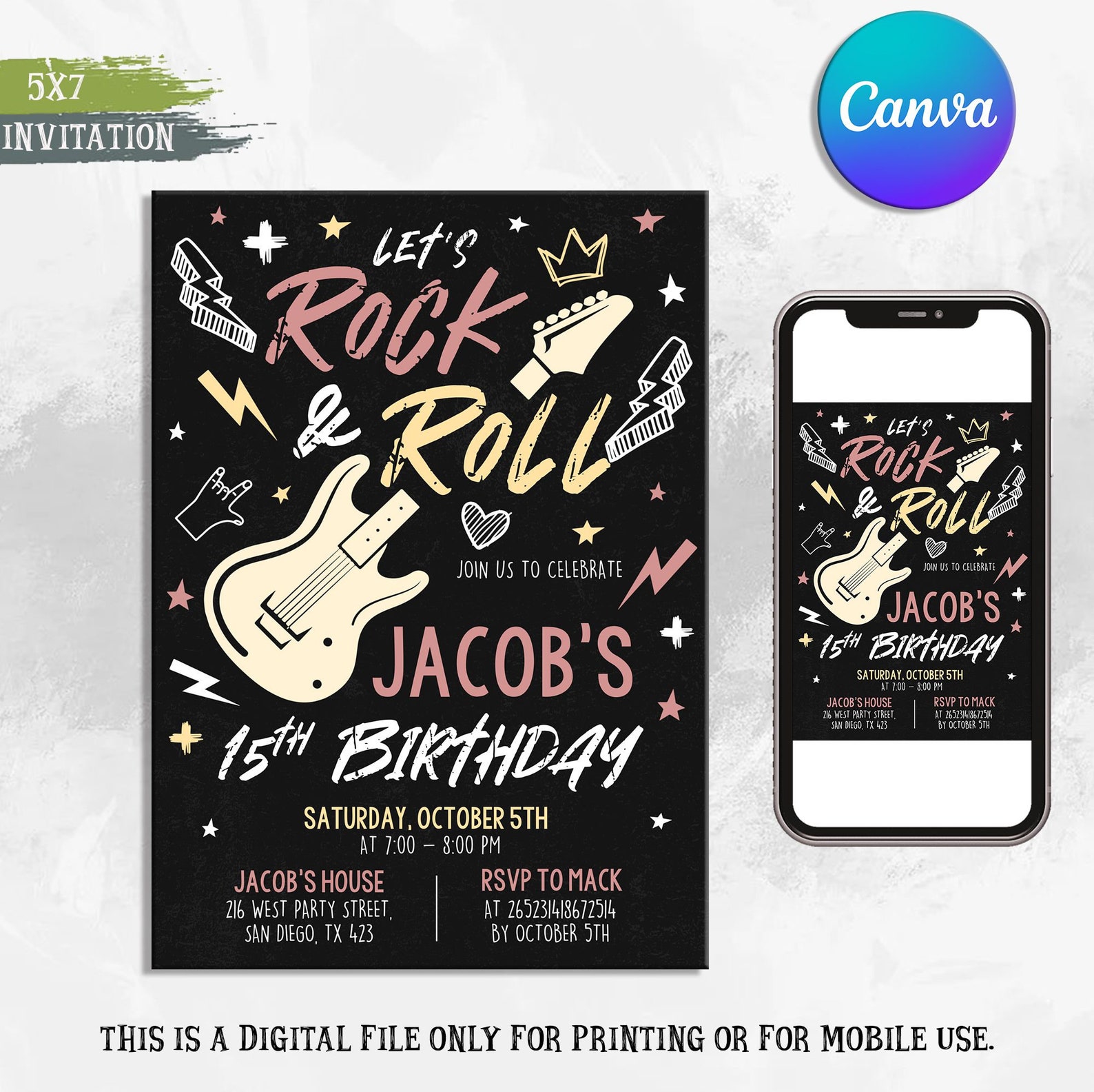 Rock and Roll Birthday Invitation, Music Party Invite, Rock Star ...