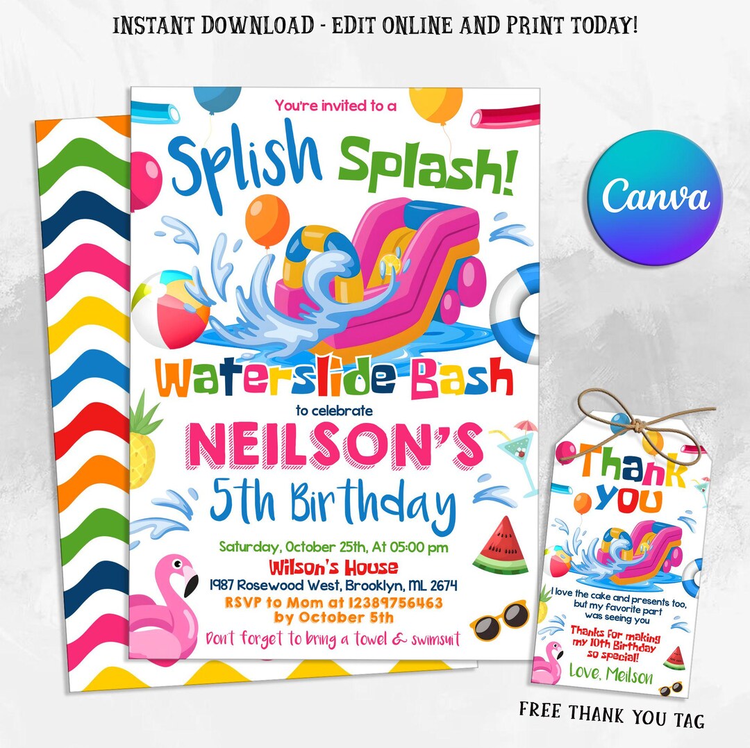 Water Slide Birthday Invitation, Summer Pool Party Invite, Water Slide ...
