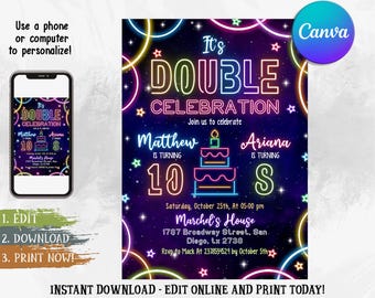 Double Birthday Invitation, Neon Joint Party Birthday Invitation ...
