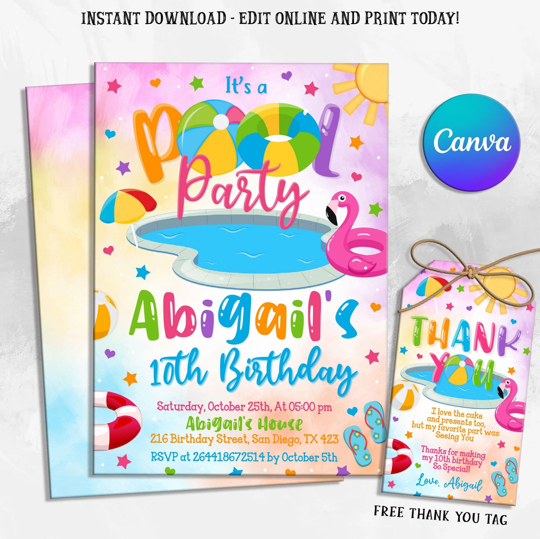 Editable Pool Invitation, Pool Birthday Party Invitation, Summer ...